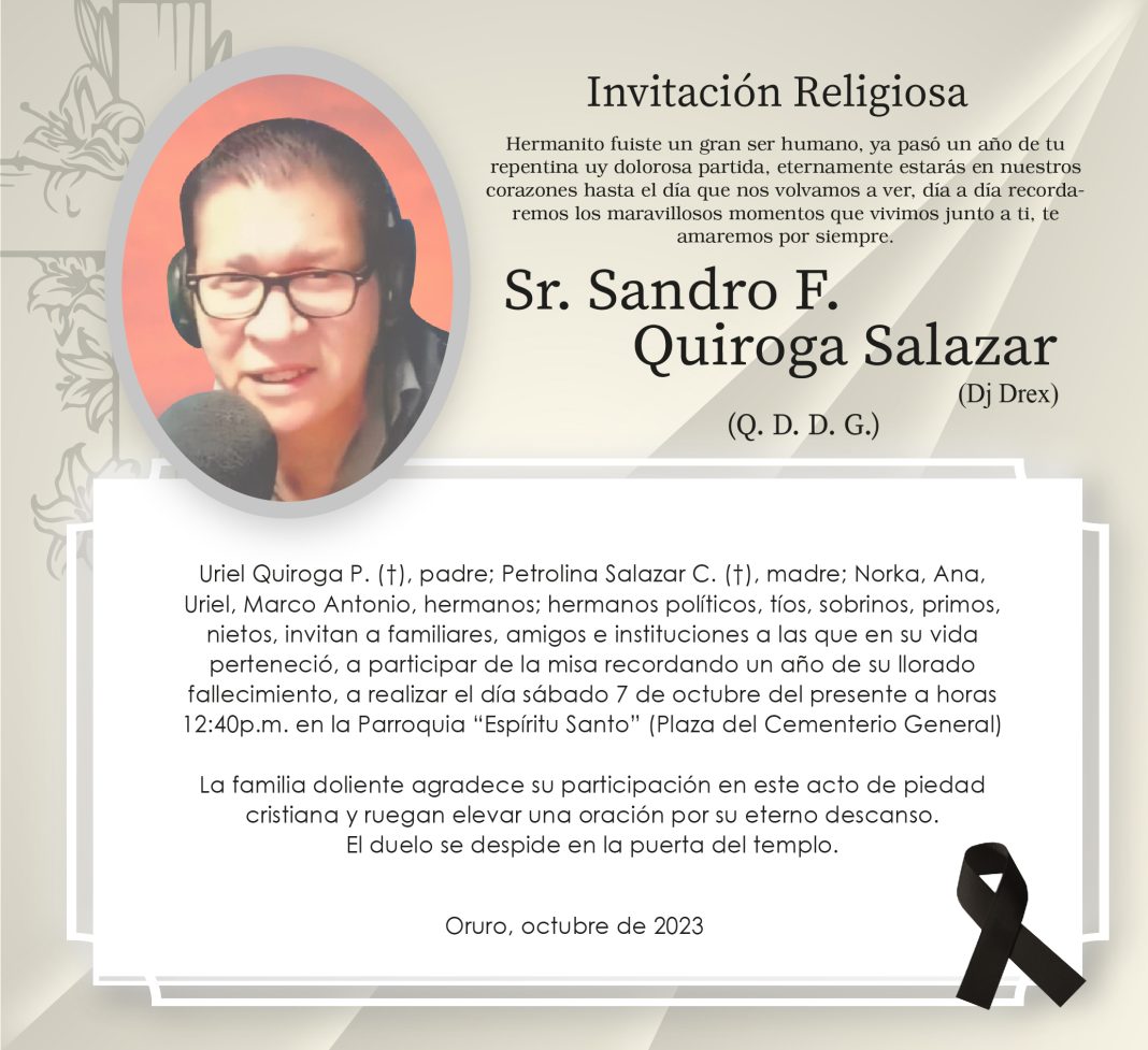 Invitación Religiosa: Sr. Sandro F. Quiroga Salazar (Q. D. D. G ...