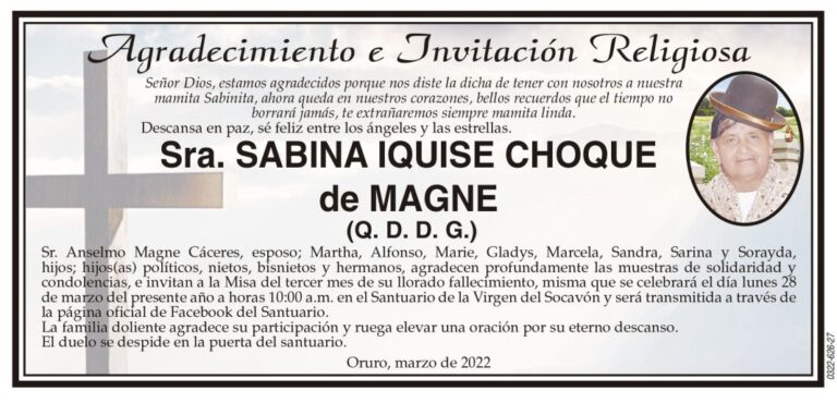 Agradecimiento e Invitación Religiosa: Sra. SABINA IQUISE CHOQUE de ...