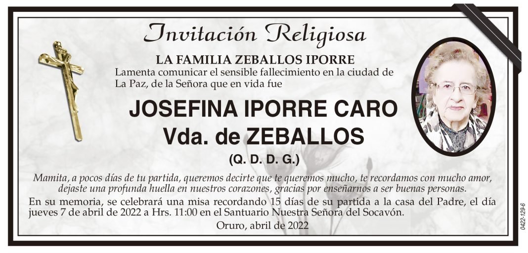 Invitación Religiosa: JOSEFINA IPORRE CARO Vda. de ZEBALLOS (Q. D. D. G ...