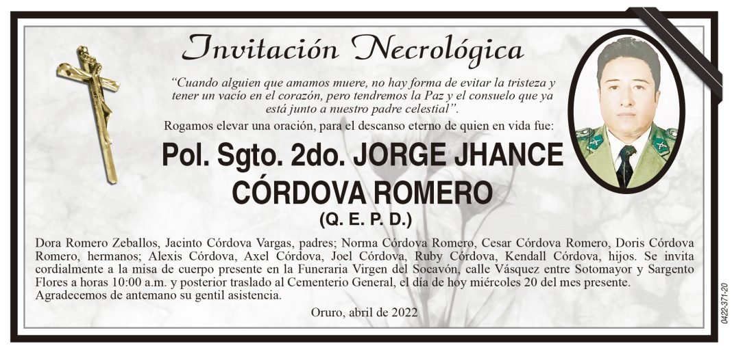 Invitación Necrológica: Pol. Sgto. 2do. JORGE JHANCE CÓRDOVA ROMERO (Q ...