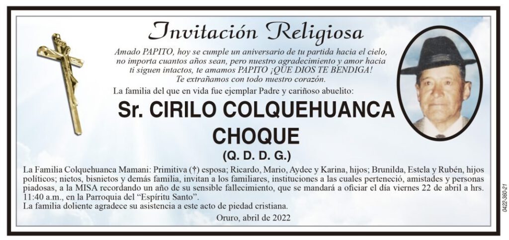 Invitación Religiosa: Sr. CIRILO COLQUEHUANCA CHOQUE (Q. D. D. G.) - La ...