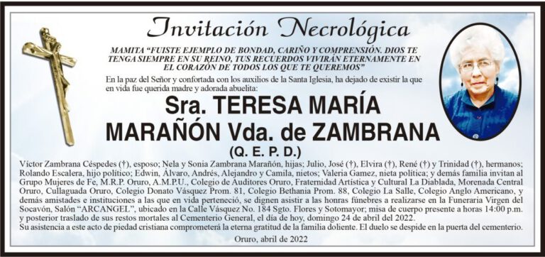 Invitación Necrológica: Sra. TERESA MARÍA MARAÑÓN Vda. de ZAMBRANA (Q ...