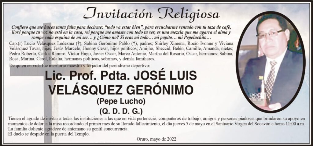 Invitación Religiosa: Lic. Prof. Pdta. JOSÉ LUIS VELÁSQUEZ GERÓNIMO ...