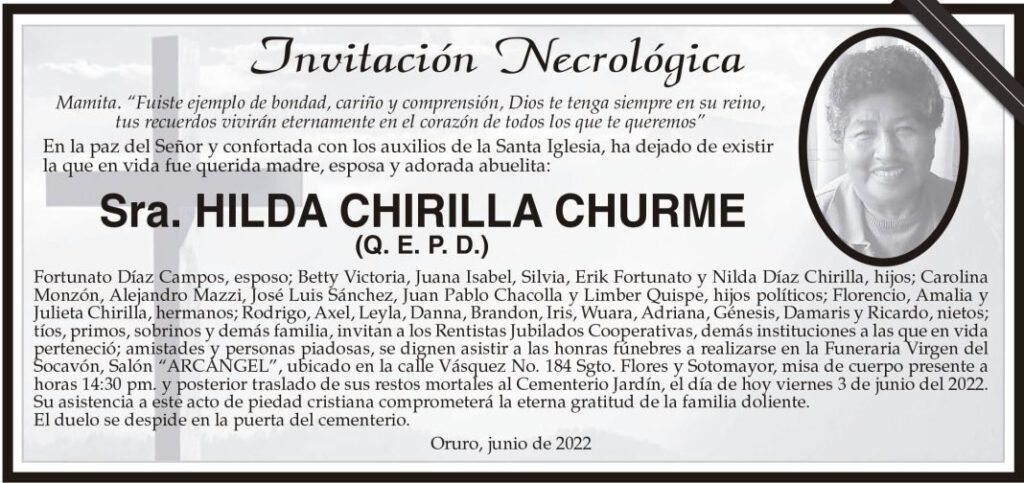 Invitación Necrológica: Sra. HILDA CHIRILLA CHURME (Q. E. P. D.) - La ...