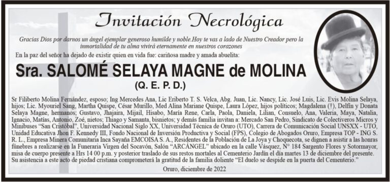 Invitación Necrológica: Sra. SALOMÉ SELAYA MAGNE de MOLINA (Q. E. P. D ...
