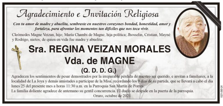 Agradecimiento e Invitación Religiosa: Sra. REGINA VEIZAN MORALES Vda ...