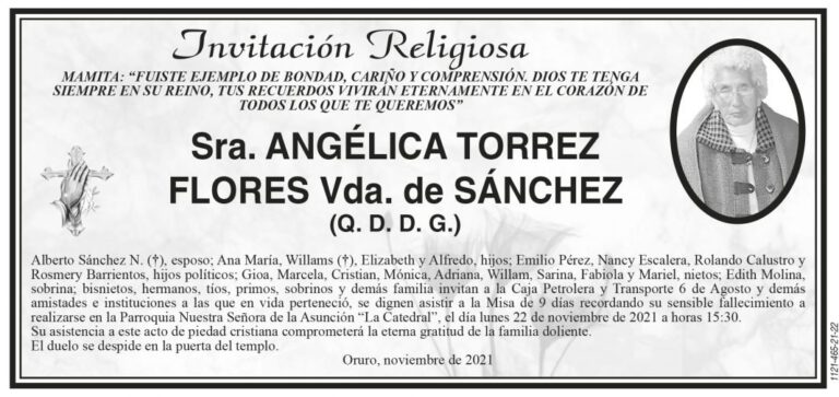 Invitación Religiosa: Sra. ANGÉLICA TORREZ FLORES Vda. de SÁNCHEZ (Q. D ...