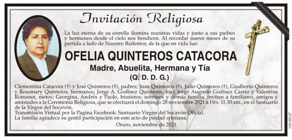 Invitación Religiosa: OFELIA QUINTEROS CATACORA (Q. D. D. G.) - La ...
