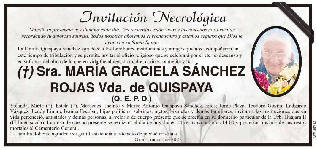 Invitación Necrológica: Sra. MARÍA GRACIELA SÁNCHEZ ROJAS Vda. de ...