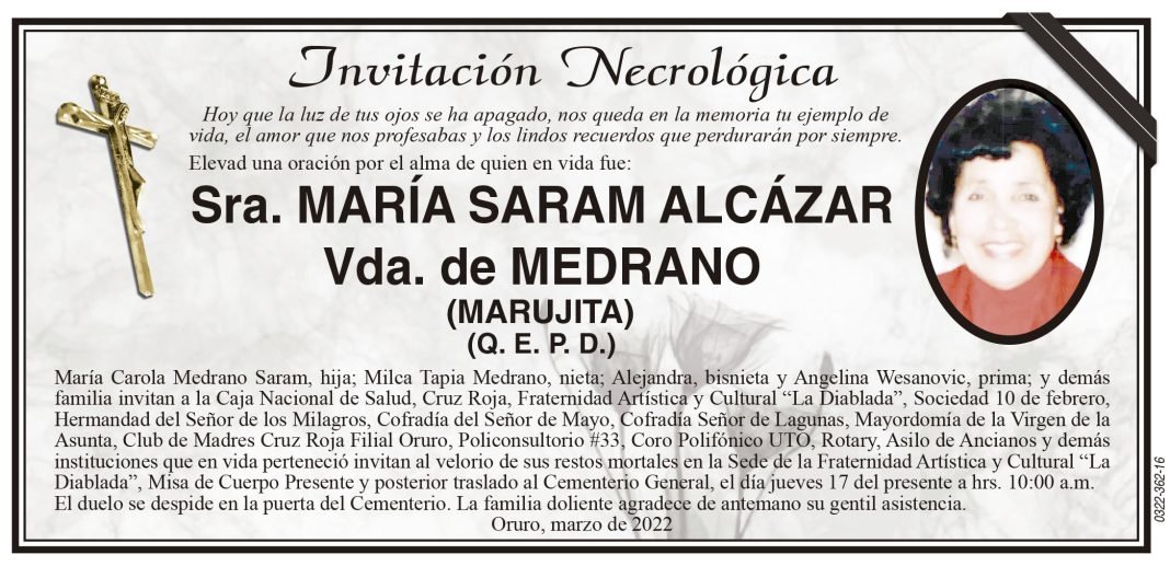 Invitación Necrológica: Sra. MARÍA SARAM ALCÁZAR Vda. de MEDRANO ...