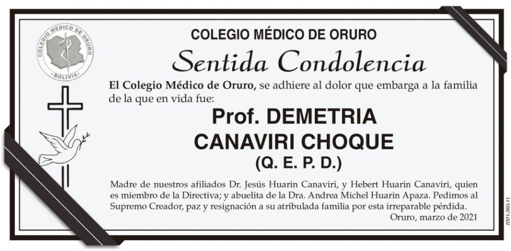 Sentida Condolencia: Prof. DEMETRIA CANAVIRI CHOQUE (Q. E. P. D.) - La ...