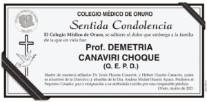 Sentida Condolencia: Prof. DEMETRIA CANAVIRI CHOQUE (Q. E. P. D.) - La ...
