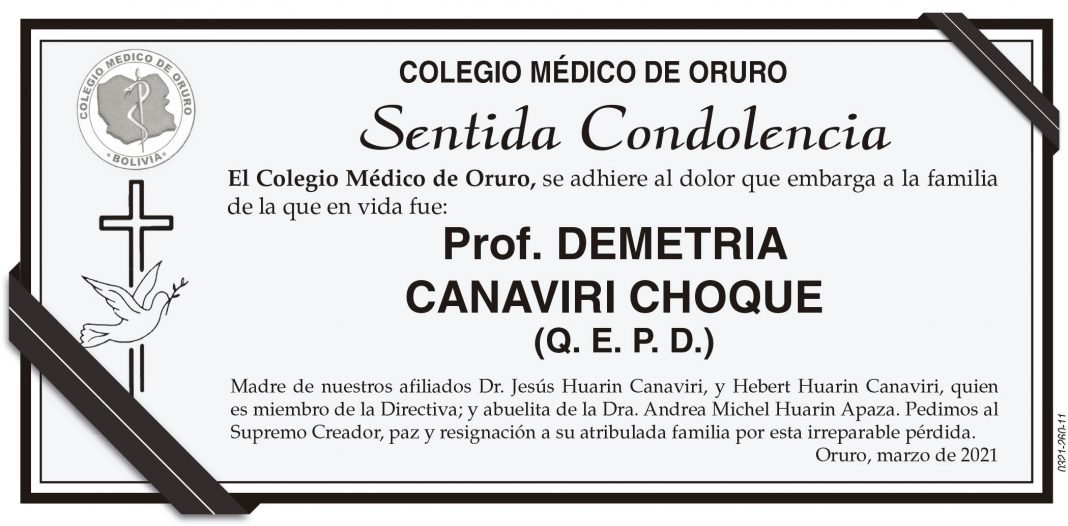 Sentida Condolencia: Prof. DEMETRIA CANAVIRI CHOQUE (Q. E. P. D.) - La ...