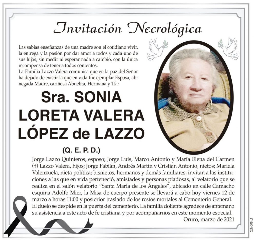 Invitación Necrológica: Sra. SONIA LORETA VALERA LÓPEZ de LAZZO (Q. E ...