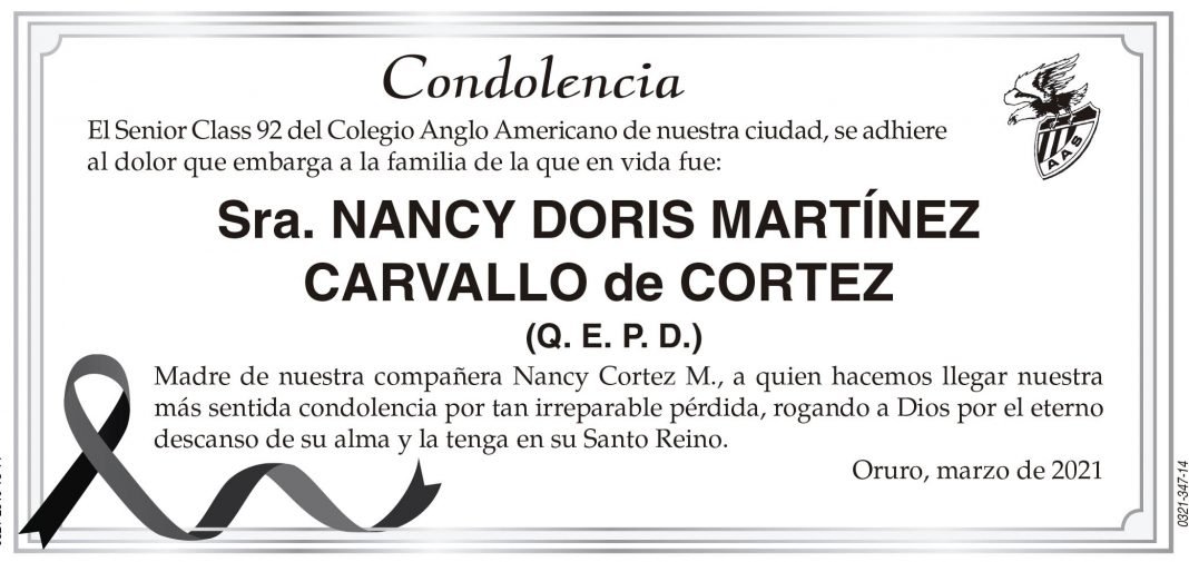 Condolencia: Sra. NANCY DORIS MARTÍNEZ CARVALLO de CORTEZ (Q. E. P. D ...