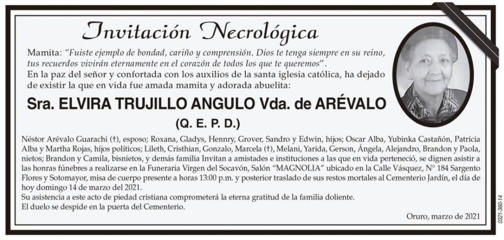 Invitación Necrológica: Sra. ELVIRA TRUJILLO ANGULO Vda. de ARÉVALO (Q ...