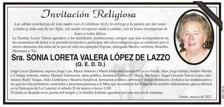 Invitación Religiosa: Sra. SONIA LORETA VALERA LÓPEZ DE LAZZO (Q. E. D ...