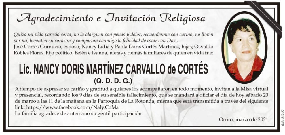 Agradecimiento e Invitación Religiosa: Lic. NANCY DORIS MARTÍNEZ ...