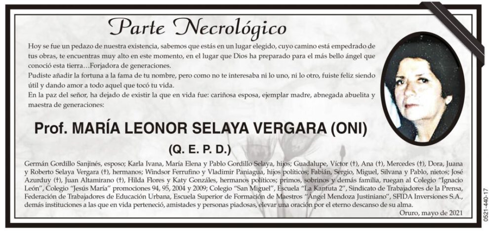 Parte Necrológico: Prof. MARÍA LEONOR SELAYA VERGARA (ONI) (Q. E. P. D ...