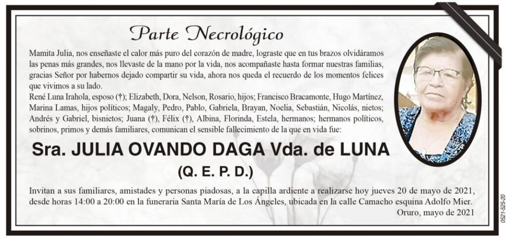 Parte Necrológico: Sra. JULIA OVANDO DAGA Vda. de LUNA (Q. E. P. D ...