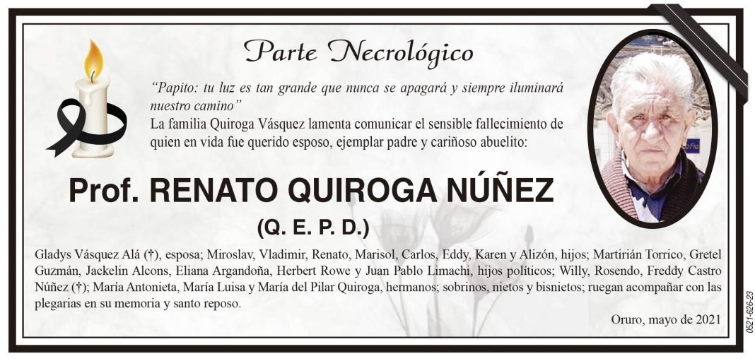 Parte Necrológico: Prof. RENATO QUIROGA NÚÑEZ (Q. E. P. D.) - La Patria ...