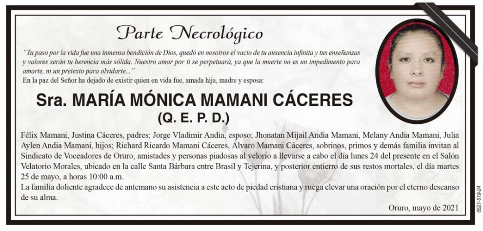 Parte Necrológico: Sra. MARÍA MÓNICA MAMANI CÁCERES (Q. E. P. D.) - La ...