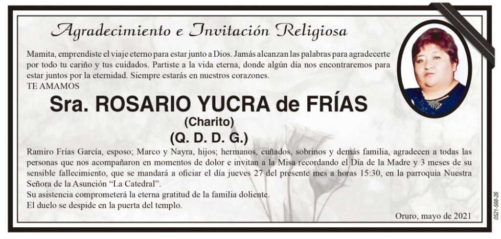 Agradecimiento e Invitación Religiosa: Sra. ROSARIO YUCRA de FRÍAS ...