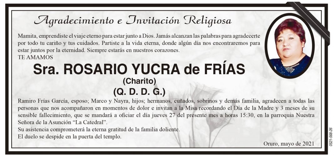 Agradecimiento e Invitación Religiosa: Sra. ROSARIO YUCRA de FRÍAS ...