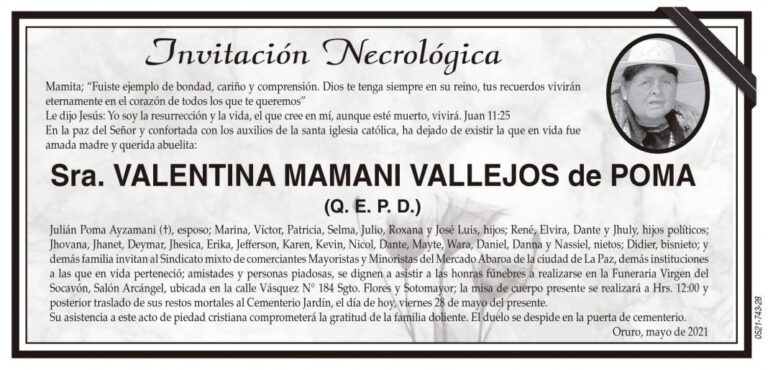 Invitación Necrológica: Sra. VALENTINA MAMANI VALLEJOS de POMA (Q. E. P ...