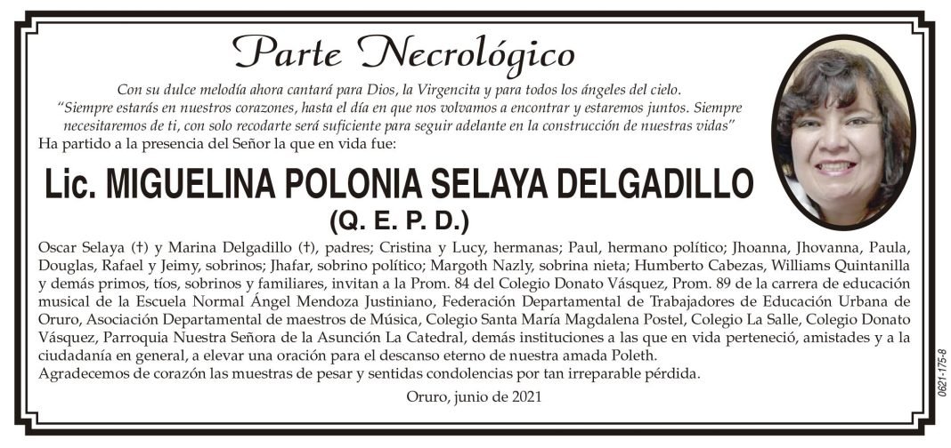 Parte Necrológico: Lic. MIGUELINA POLONIA SELAYA DELGADILLO (Q. E. P. D ...