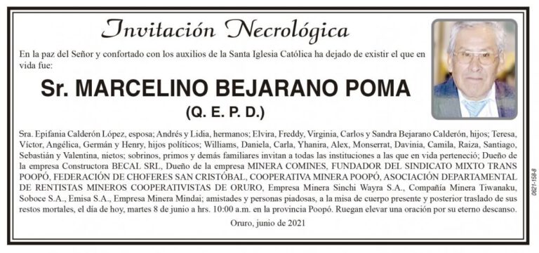 Invitación Necrológica: Sr. MARCELINO BEJARANO POMA (Q. E. P. D.) - La ...