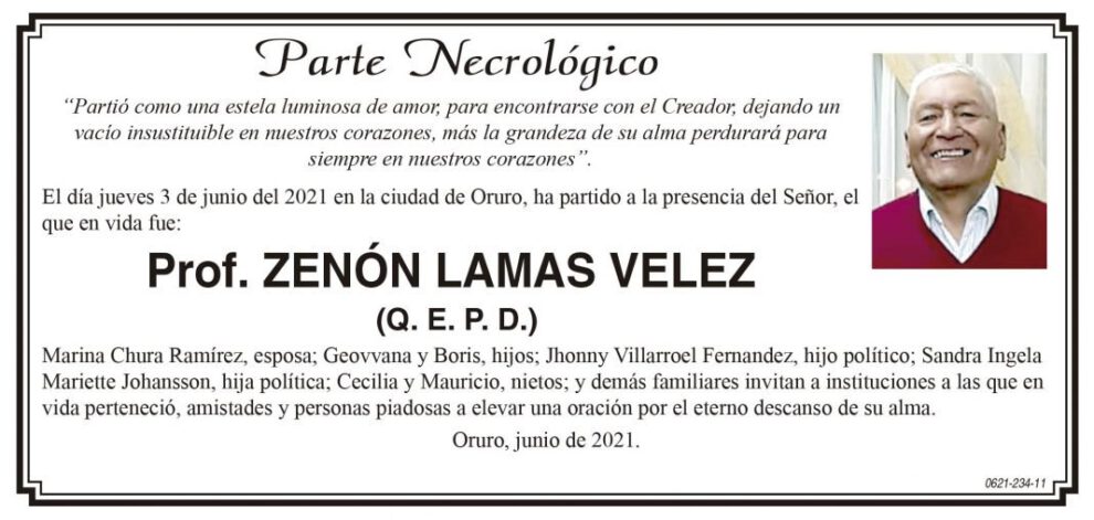 Parte Necrológico: Prof. ZENÓN LAMAS VELEZ (Q. E. P. D.) - La Patria 3. ...