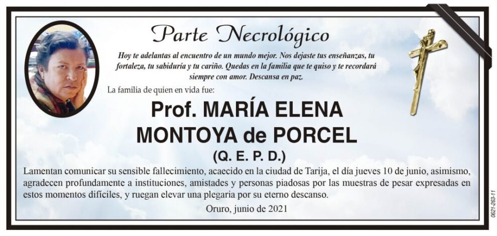 Parte Necrológico: Prof. MARÍA ELENA MONTOYA de PORCEL (Q. E. P. D ...