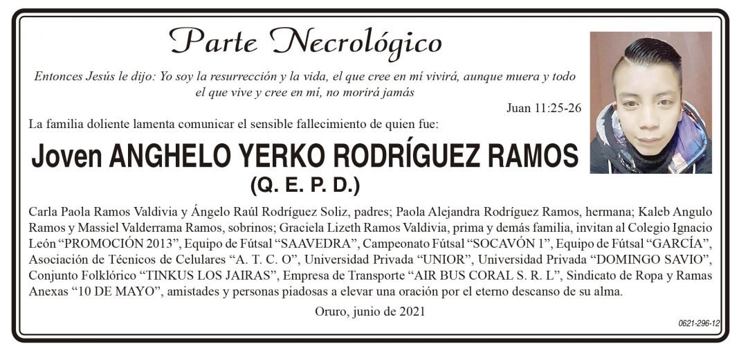Parte Necrológico: Joven ANGHELO YERKO RODRÍGUEZ RAMOS (Q. E. P. D ...