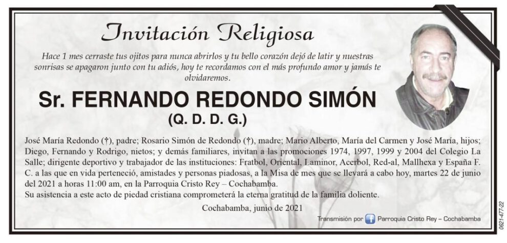 Invitación Religiosa: Sr. FERNANDO REDONDO SIMÓN (Q. D. D. G.) - La ...