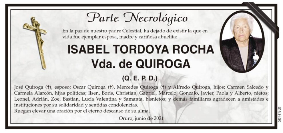 Parte Necrológico: ISABEL TORDOYA ROCHA Vda. de QUIROGA (Q. E. P. D ...