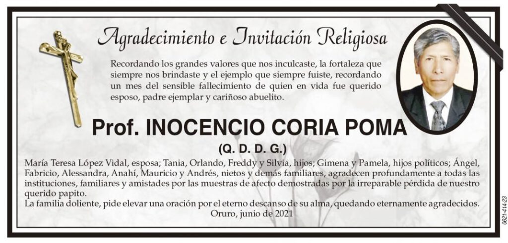 Agradecimiento e Invitación Religiosa: Prof. INOCENCIO CORIA POMA (Q. D ...