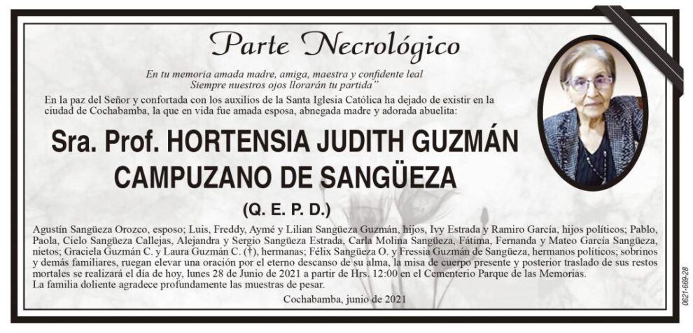 Parte Necrológico: Sra. Prof. HORTENSIA JUDITH GUZMÁN CAMPUZANO DE ...