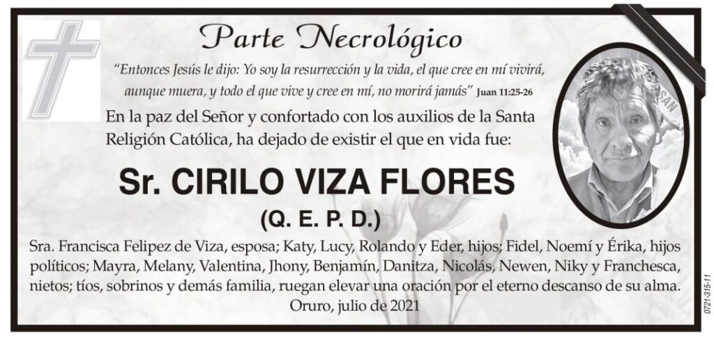 Parte Necrológico: Sr. CIRILO VIZA FLORES (Q. E. P. D.) - La Patria 3.0 ...