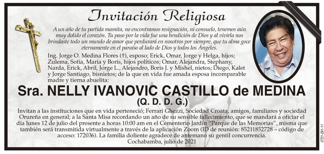 Invitación Religiosa: Sra. NELLY IVANOVIC CASTILLO de MEDINA (Q. D. D ...