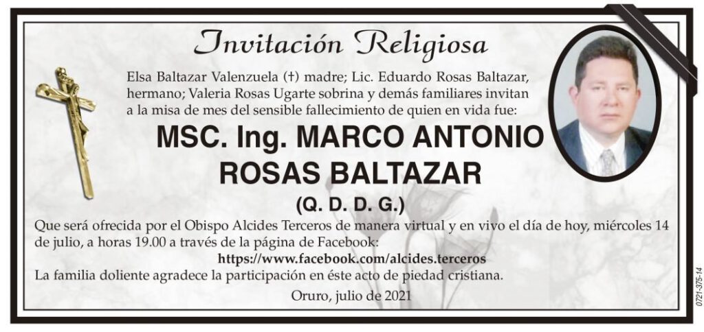Invitación Religiosa: MSC. Ing. MARCO ANTONIO ROSAS BALTAZAR (Q. D. D ...