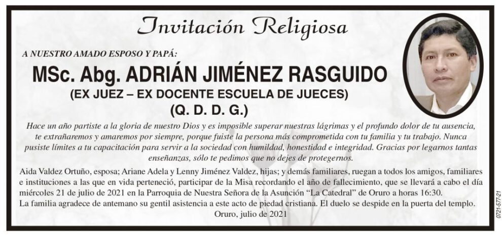 Invitación Religiosa: MSc. Abg. ADRIÁN JIMÉNEZ RASGUIDO (EX JUEZ – EX ...