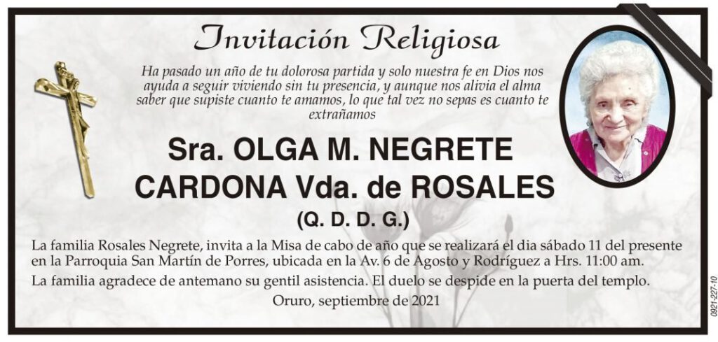 Invitación Religiosa: Sra. OLGA M. NEGRETE CARDONA Vda. de ROSALES (Q ...