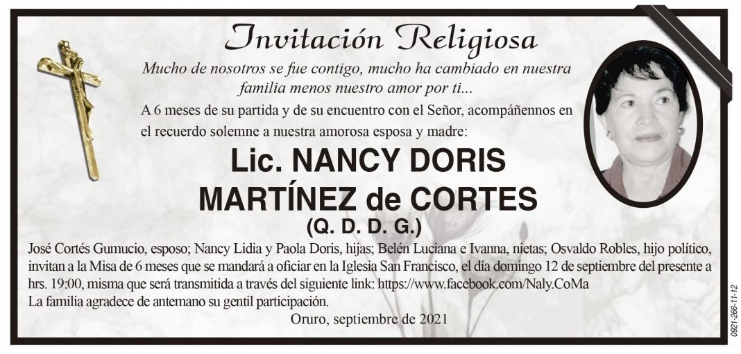 Invitación Religiosa: Lic. NANCY DORIS MARTÍNEZ de CORTES (Q. D. D. G ...