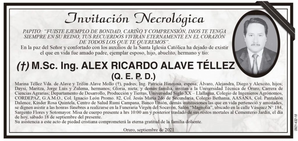 Invitación Necrológica: (†) M.Sc. Ing. ALEX RICARDO ALAVE TÉLLEZ (Q. E ...