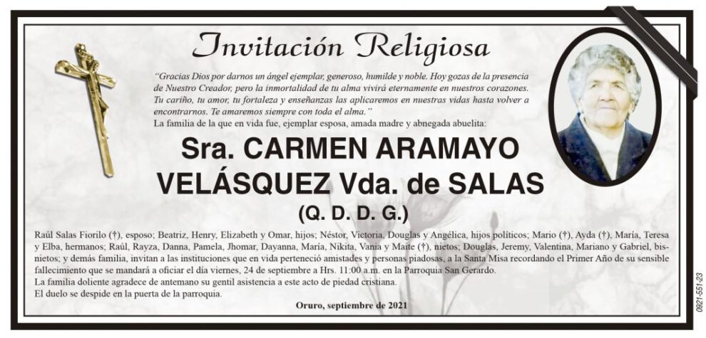 Invitación Religiosa: Sra. CARMEN ARAMAYO VELÁSQUEZ Vda. de SALAS (Q. D ...