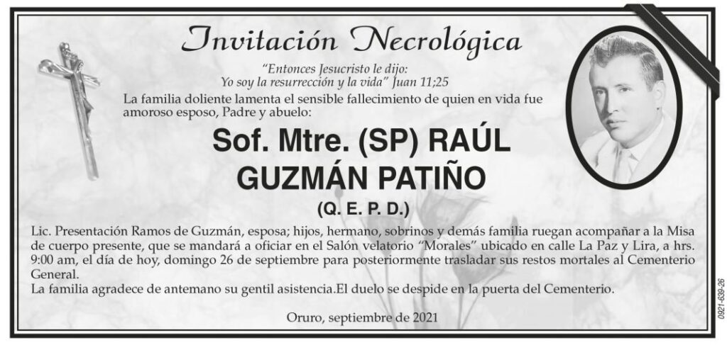 Invitación Necrológica: Sof. Mtre. (SP) RAÚL GUZMÁN PATIÑO (Q. E. P. D ...