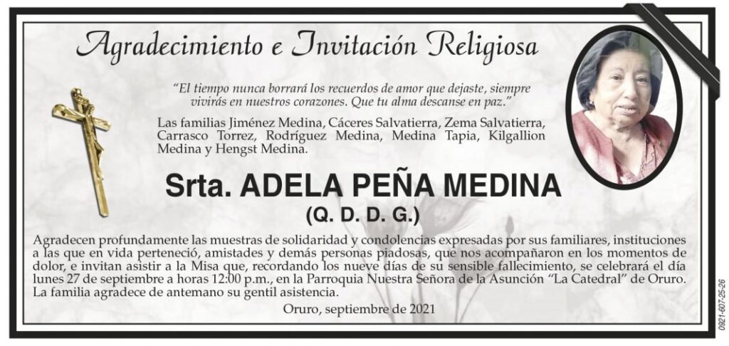 Agradecimiento e Invitación Religiosa: Srta. ADELA PEÑA MEDINA (Q. D. D ...
